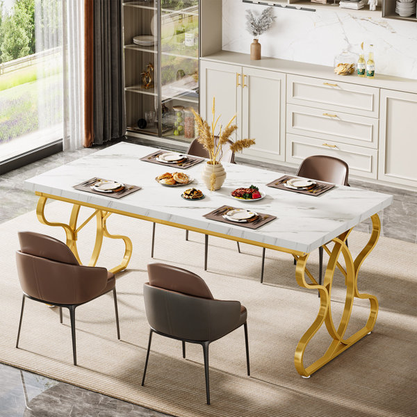 Mercer41 63" Large Modern Rectangle Dining Table Seats for 4-6 People, White and Gold | Wayfair